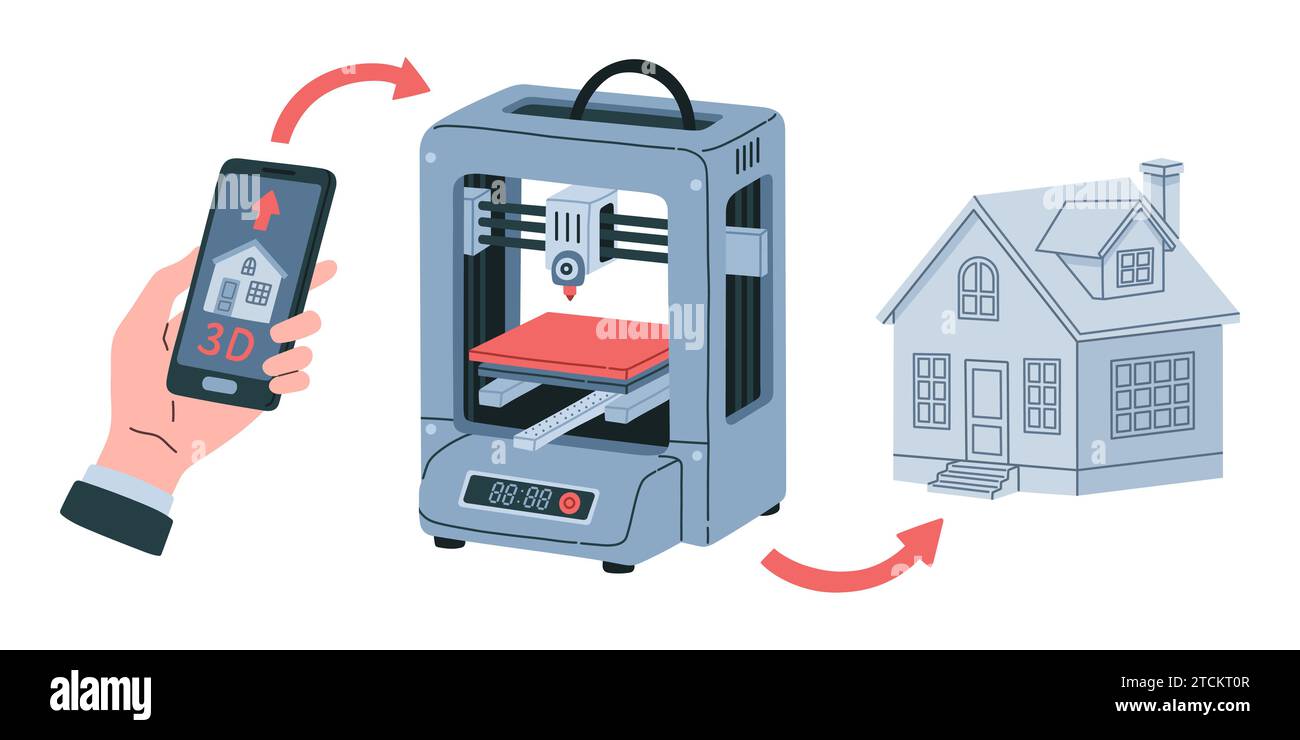House 3d printing flat vector illustration. Home building model ...