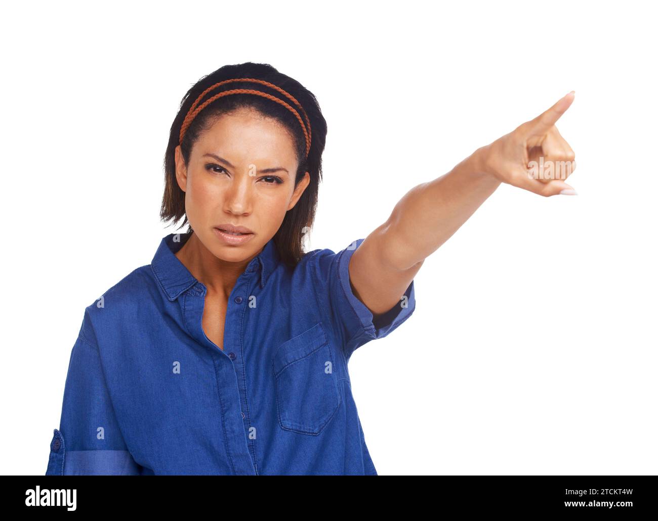Studio portrait, serious problem or woman pointing at bad sale deal ...