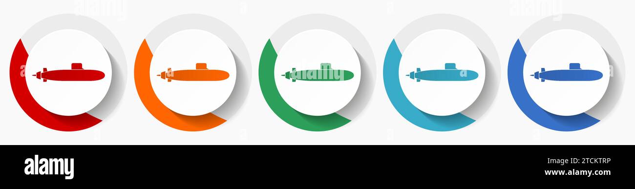 Submarine, navy, boat, ship, army vector icon set, flat icons in 5 ...