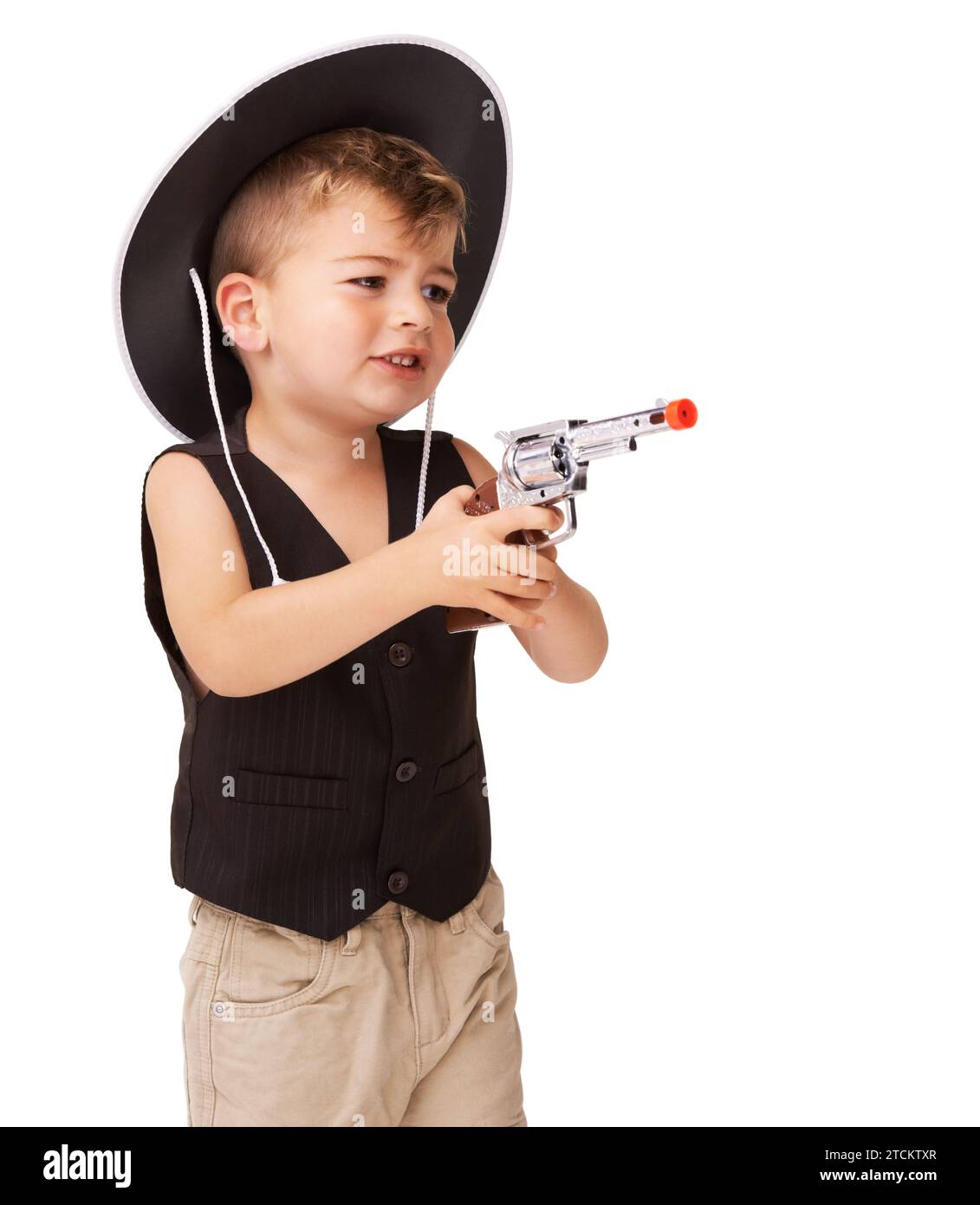 Kid, cowboy hat and play with gun in studio isolated on a white ...