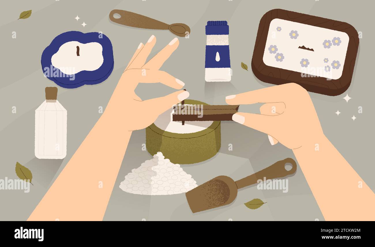 Candle making top view. Cartoon workshop with beeswax wick and tools ...