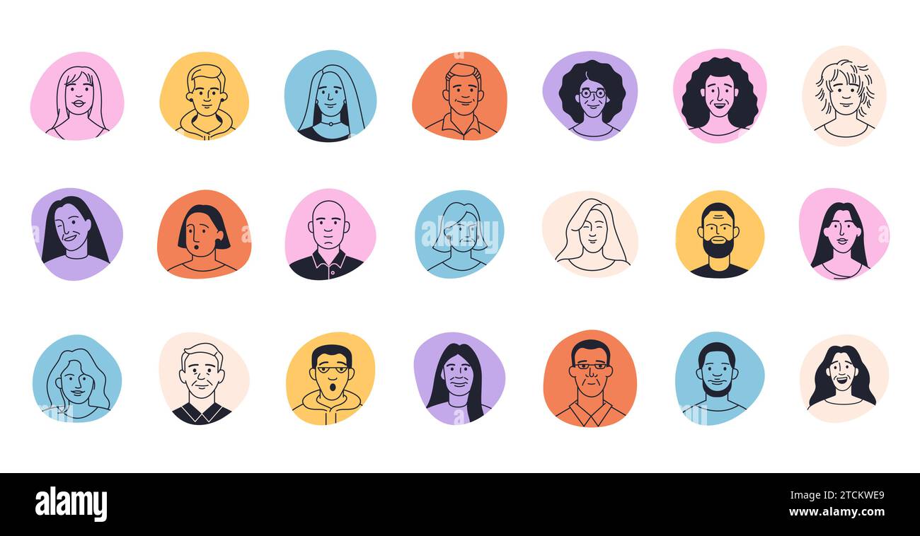 Doodle avatar faces. Cartoon comic character heads with different ...