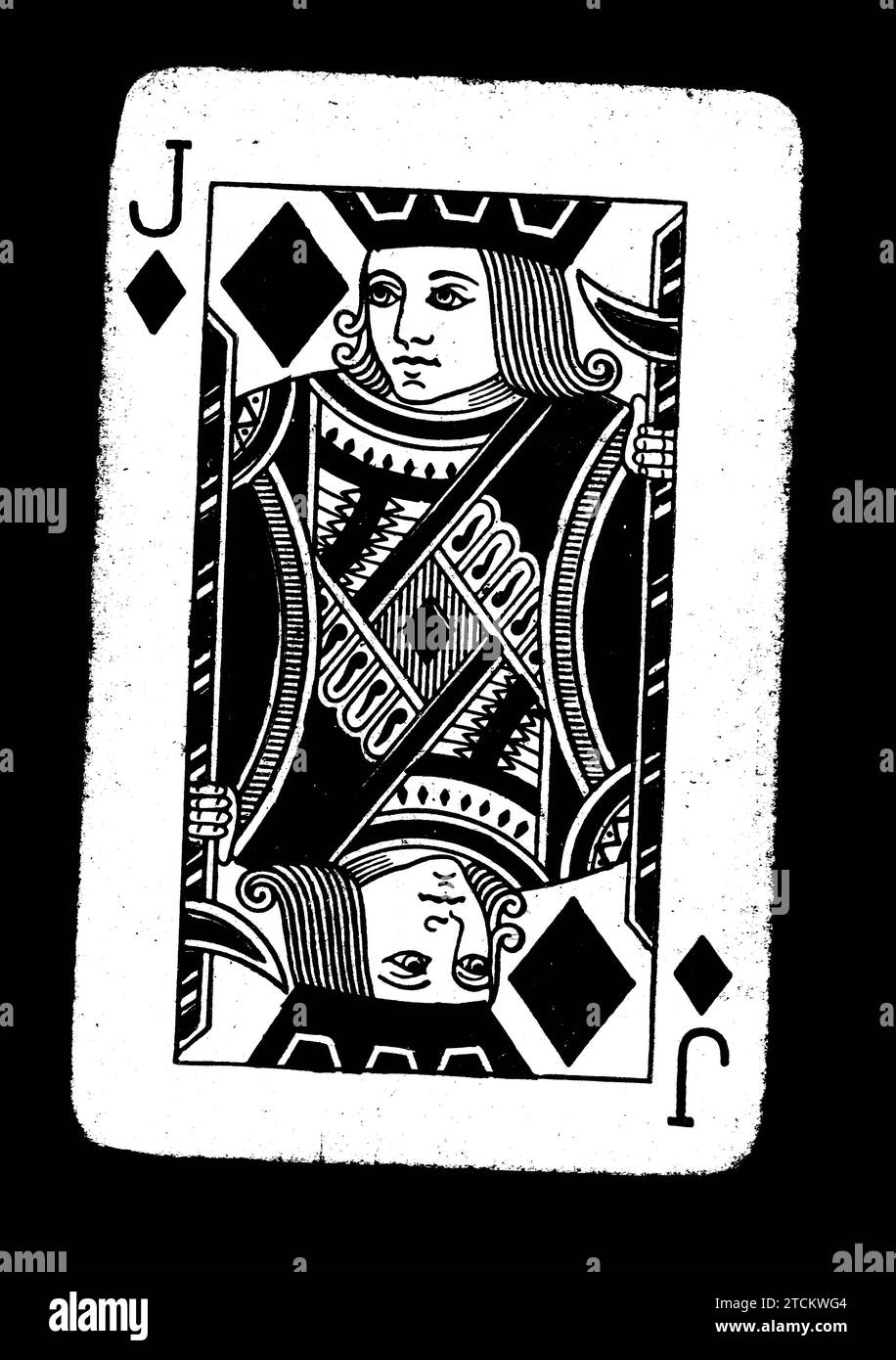 Vintage jack of diamonds playing card in black and white on a black ...