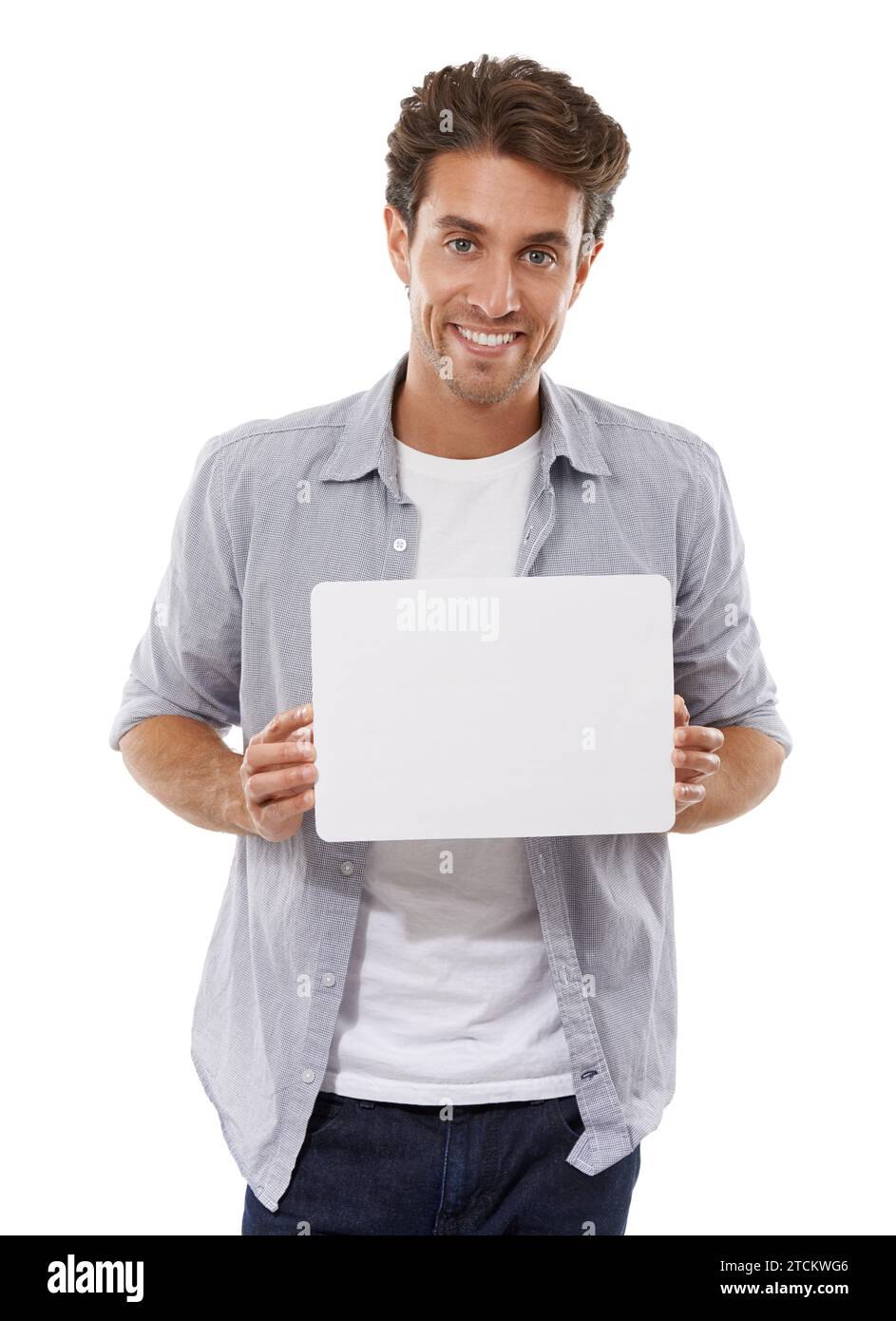 Portrait, smile and man on poster, sign and advertising on mockup space ...