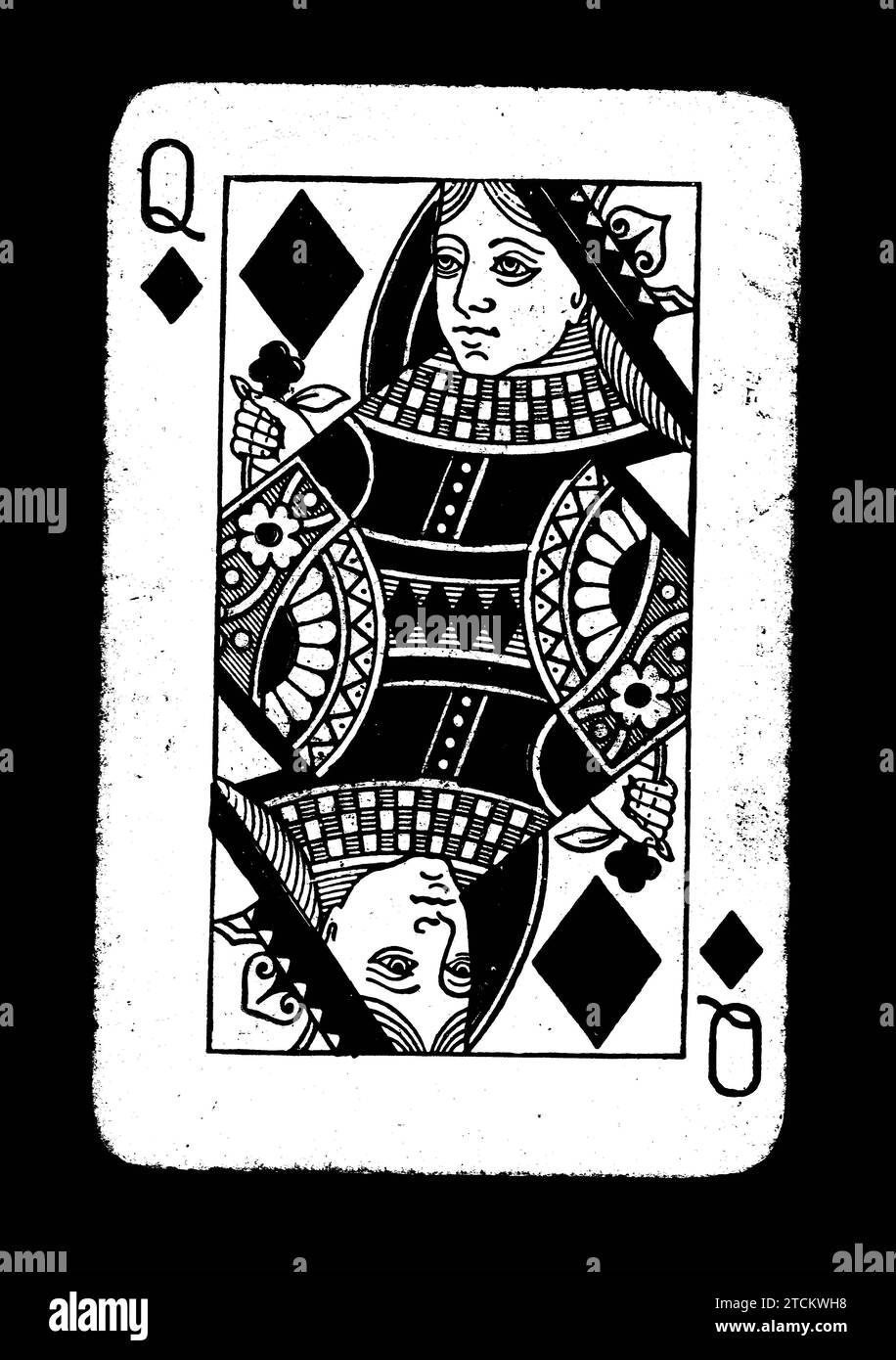 Vintage queen of diamonds playing card in black and white on a black ...