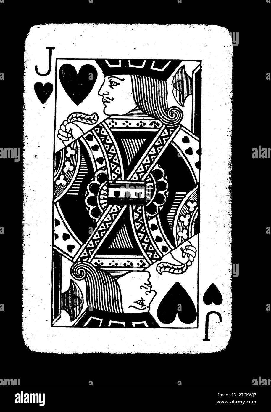 Vintage jack of hearts playing card in black and white on a black ...