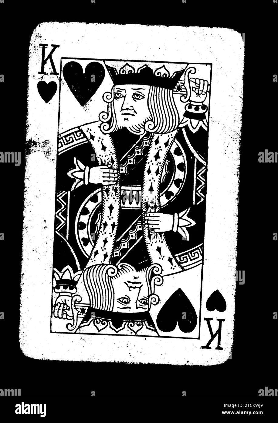 Vintage king of hearts playing card in black and white on a black ...