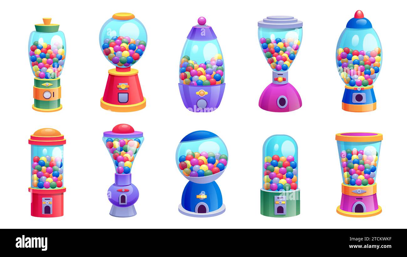 Candy vending machine. Cartoon ball gum with colorful sweets, retro vending machine with bubble ...