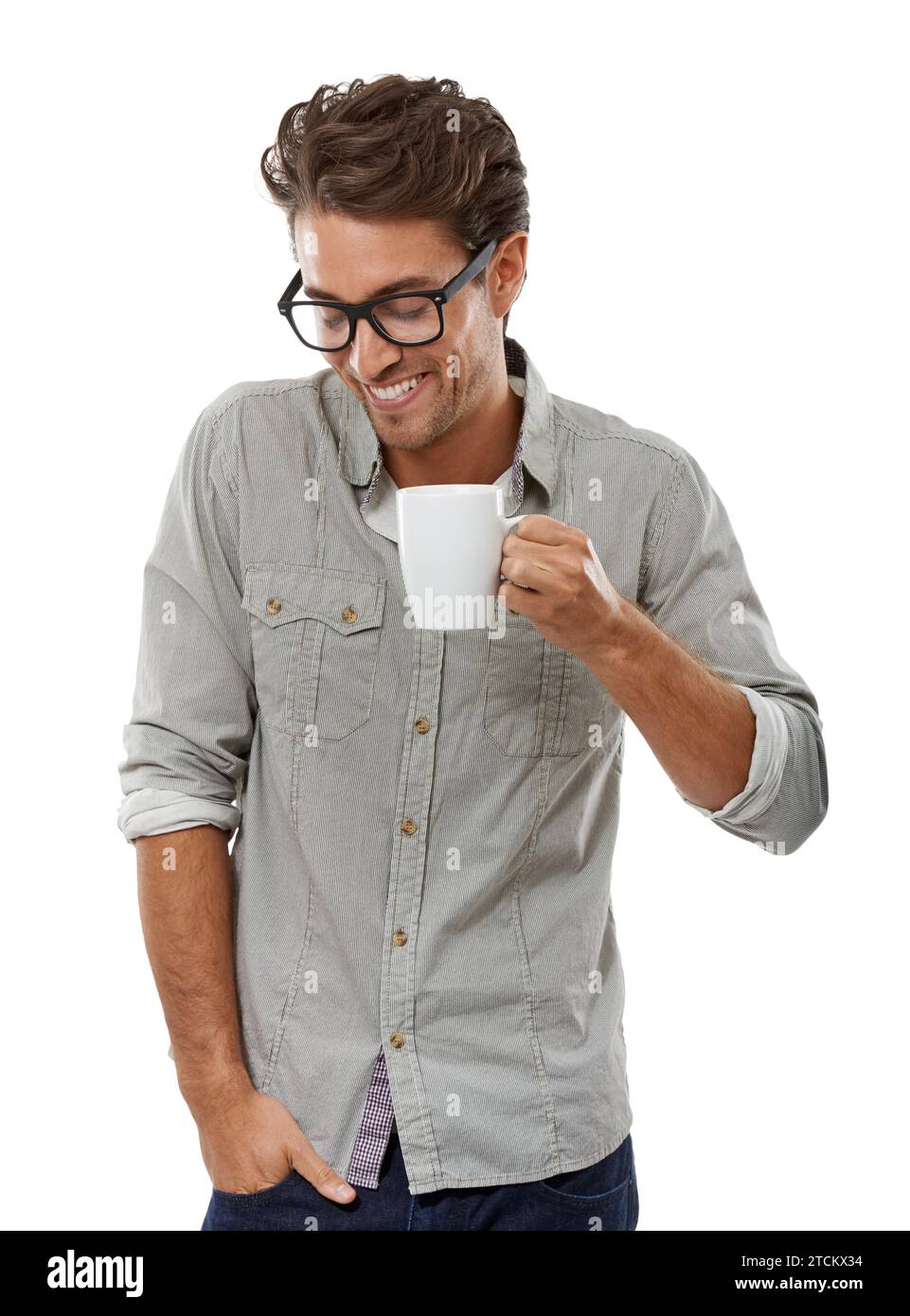 Man, coffee and happy in studio, fashion and glasses with laughing with ...