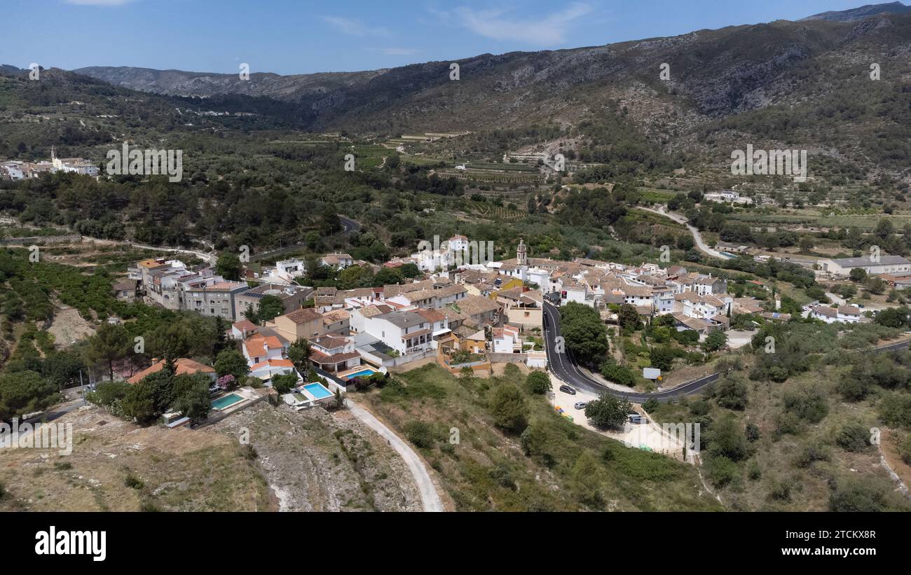 Drone view of the small town of Benialí, located in the Gallinera ...