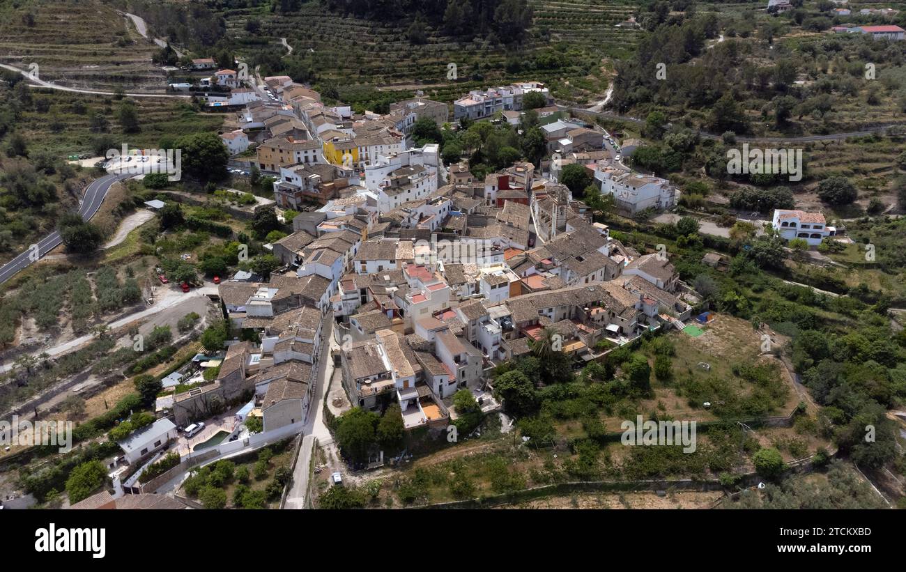 Complete aerial view of the small town of Benialí among fields, located ...