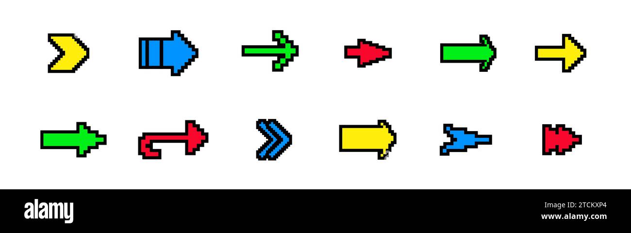 8 bit arrow sticker icon. Pixel retro arcade game forward arrow Stock ...