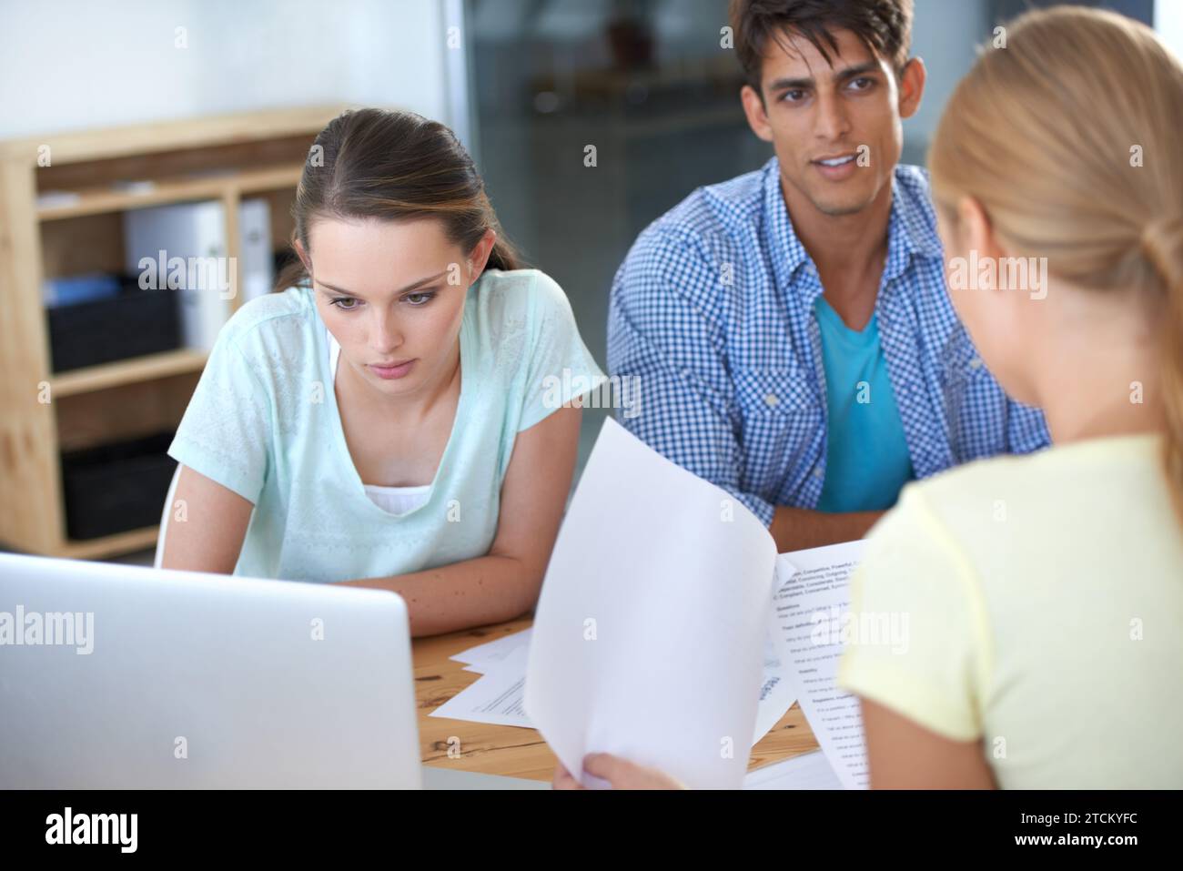 Business people, documents and laptop for meeting, office planning and ...