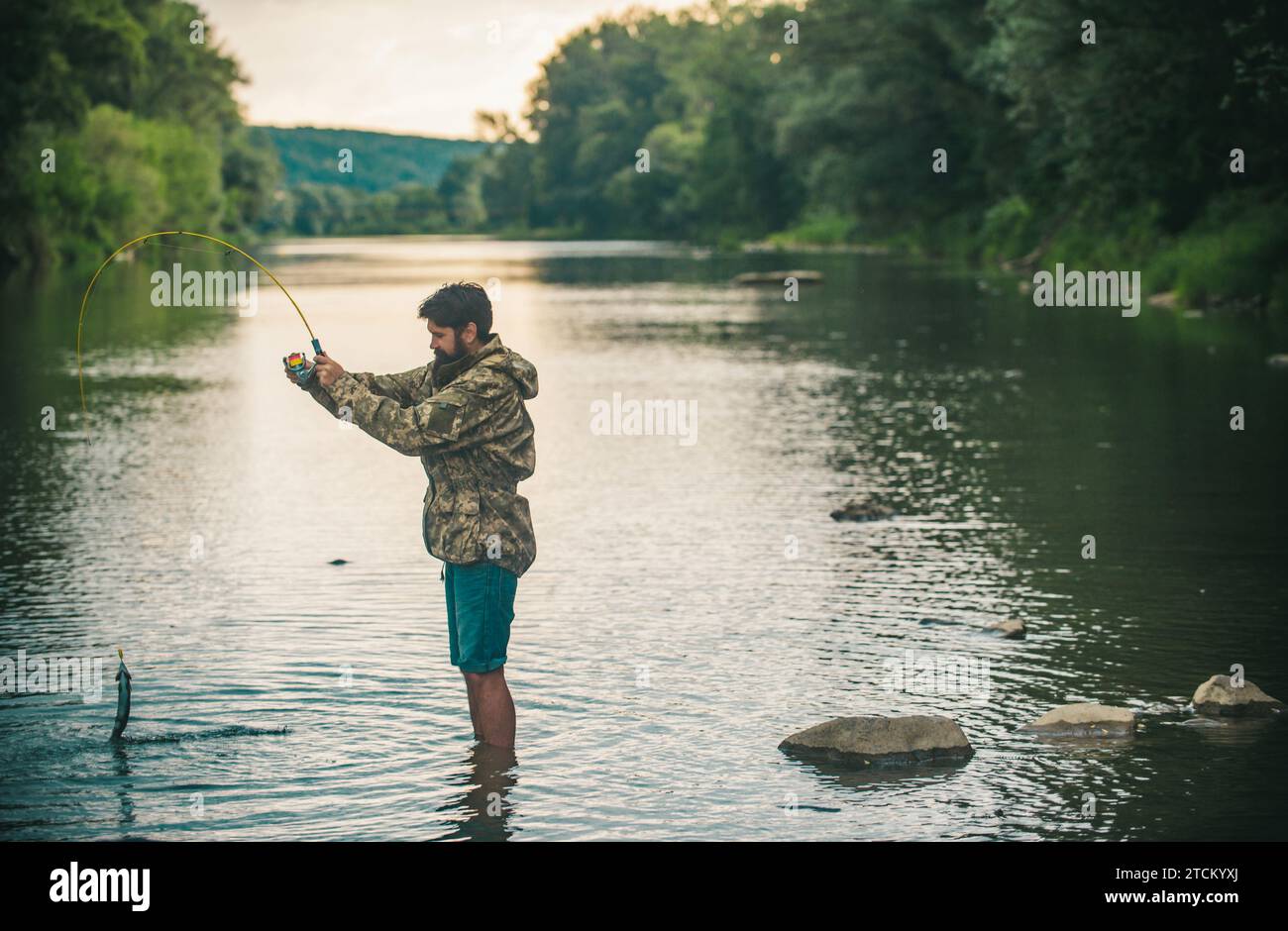 Fisher fishing equipment. Handsome man relaxing. Leisure on lake. Set ...