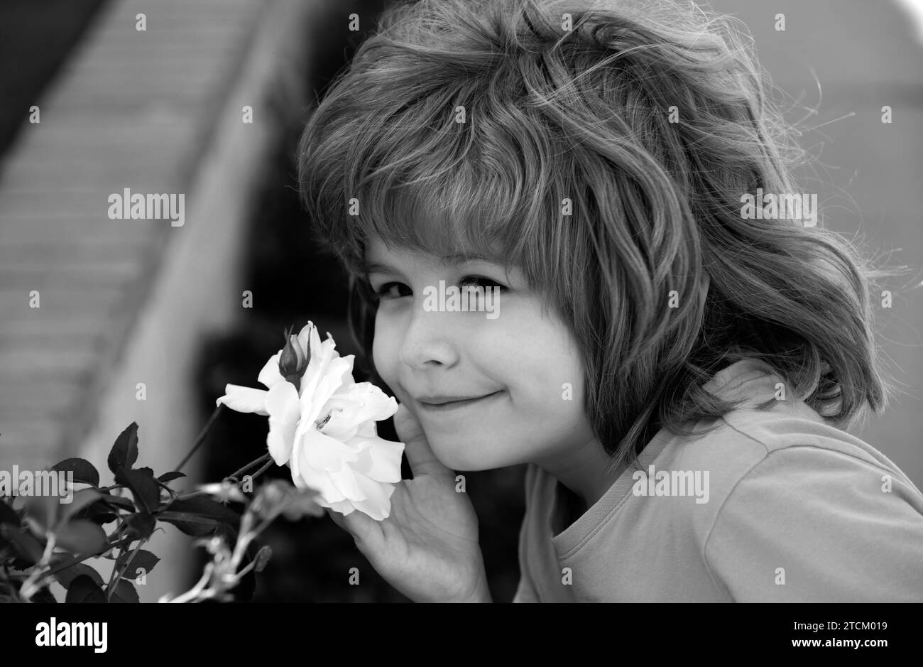 Portrait of a sweet little child boy enjoying flowers aroma, having fun ...