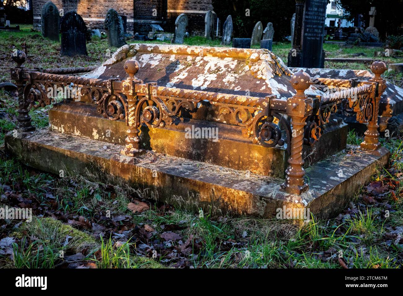 Sunset on frosty Winter's day in a cemetery in Cardiff, Wales. Tomb ...