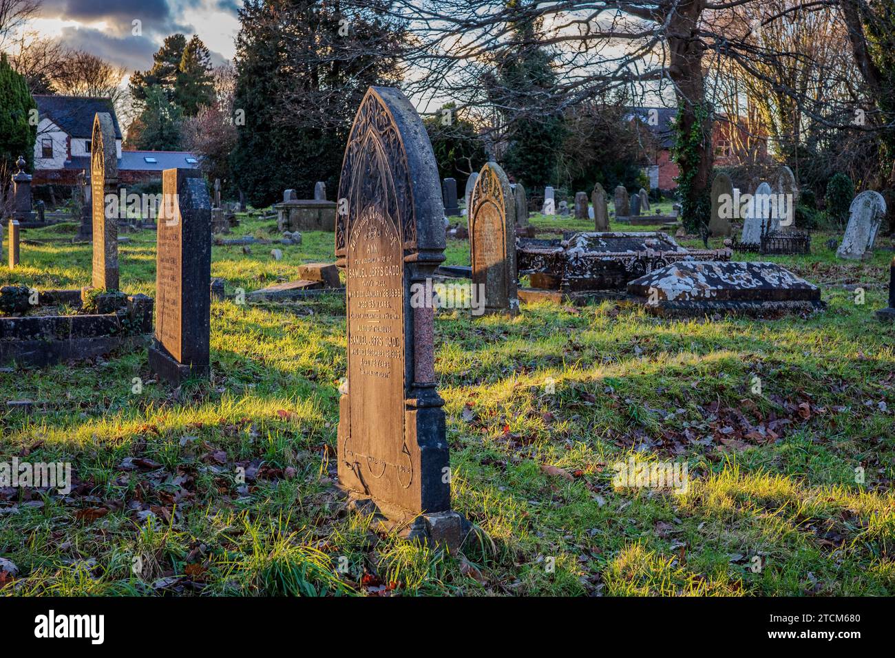 Sunset on frosty Winter's day in a cemetery in Cardiff, Wales ...