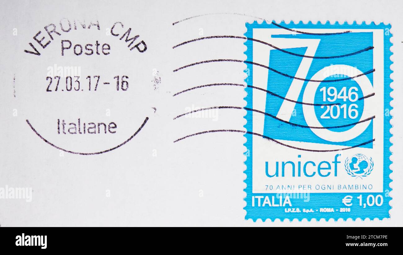 MOSCOW, RUSSIA - NOVEMBER 19, 2023: Postage stamp printed in Italy ...
