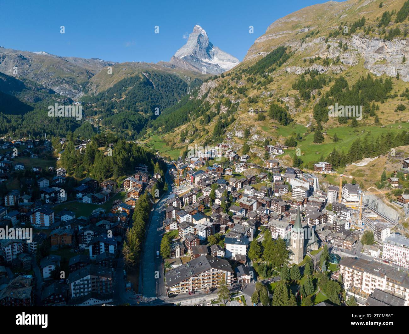 Zermatt town and Matterhorn mountain aerial panoramic view in the ...