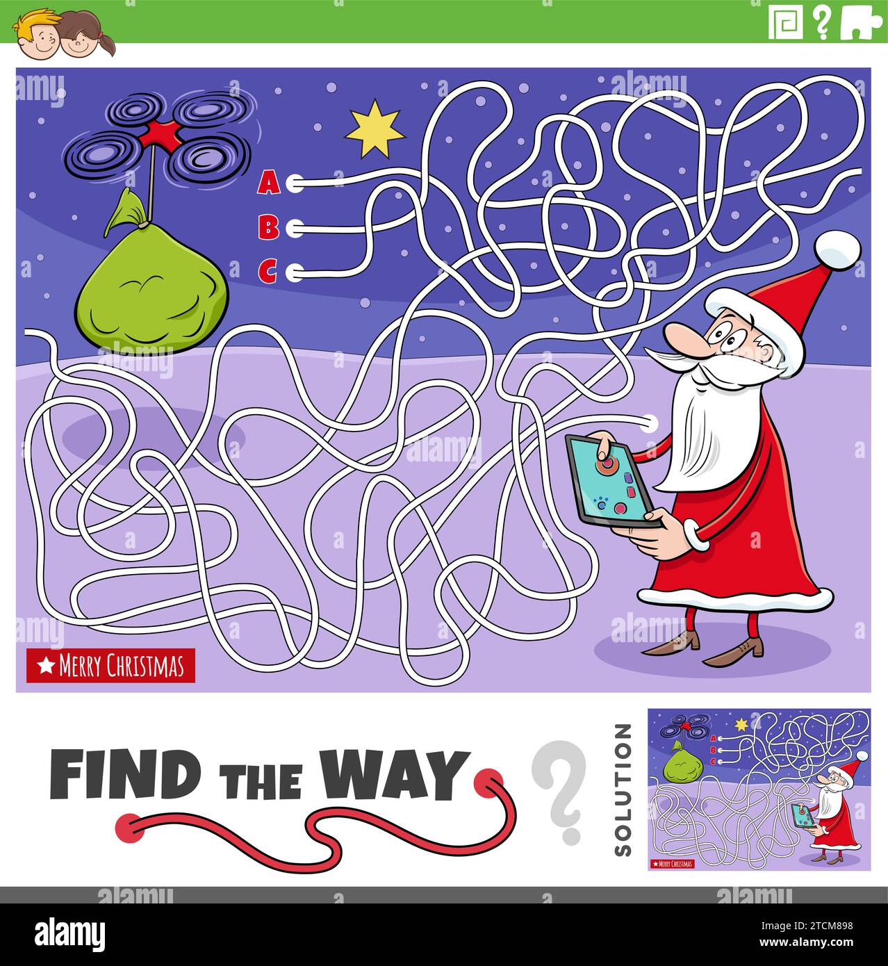 Cartoon illustration of find the way maze puzzle activity with Santa ...