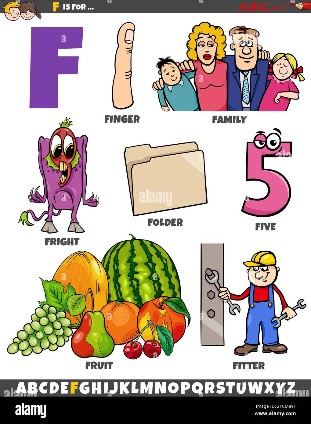 Cartoon illustration of objects and characters set for letter F Stock ...