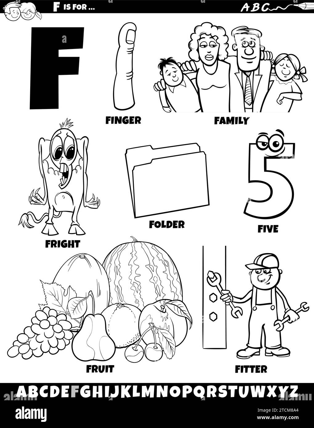 Cartoon illustration of objects and characters set for letter F ...