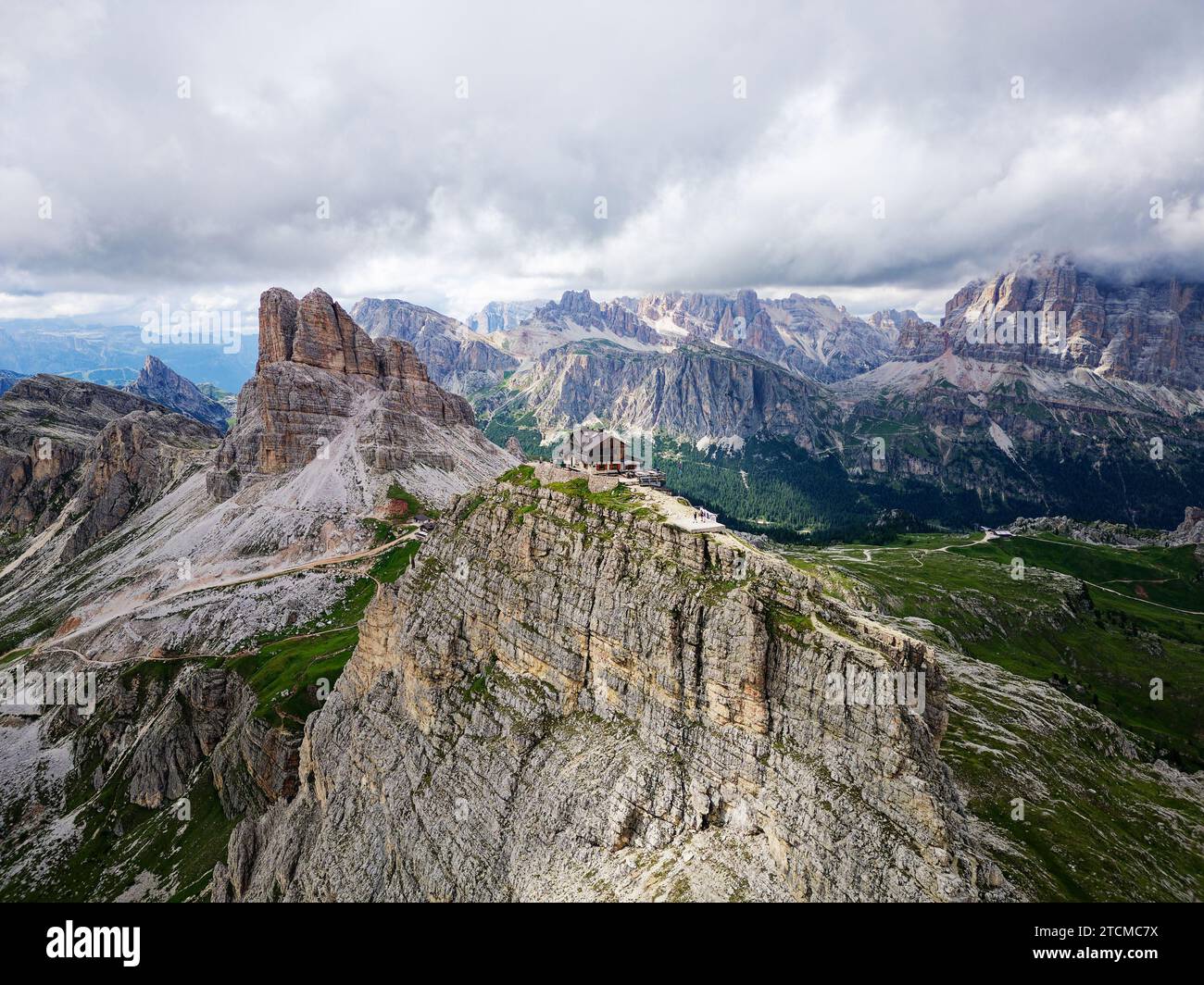 Aerial view of Rifugio Nuvolau, the oldest mountain hut refuge in the ...