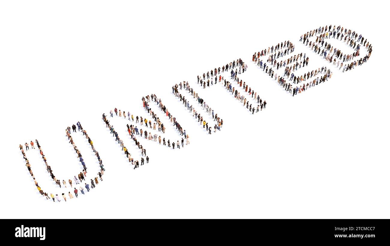 Concept conceptual large community of people forming UNITED word. 3d ...