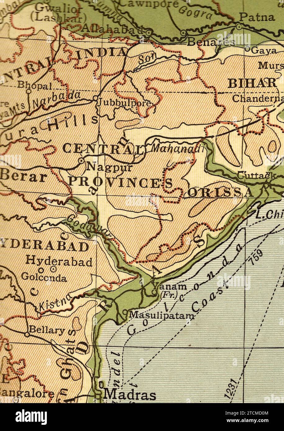 Vintage geographical map in sepia showing Central Provinces, India ...
