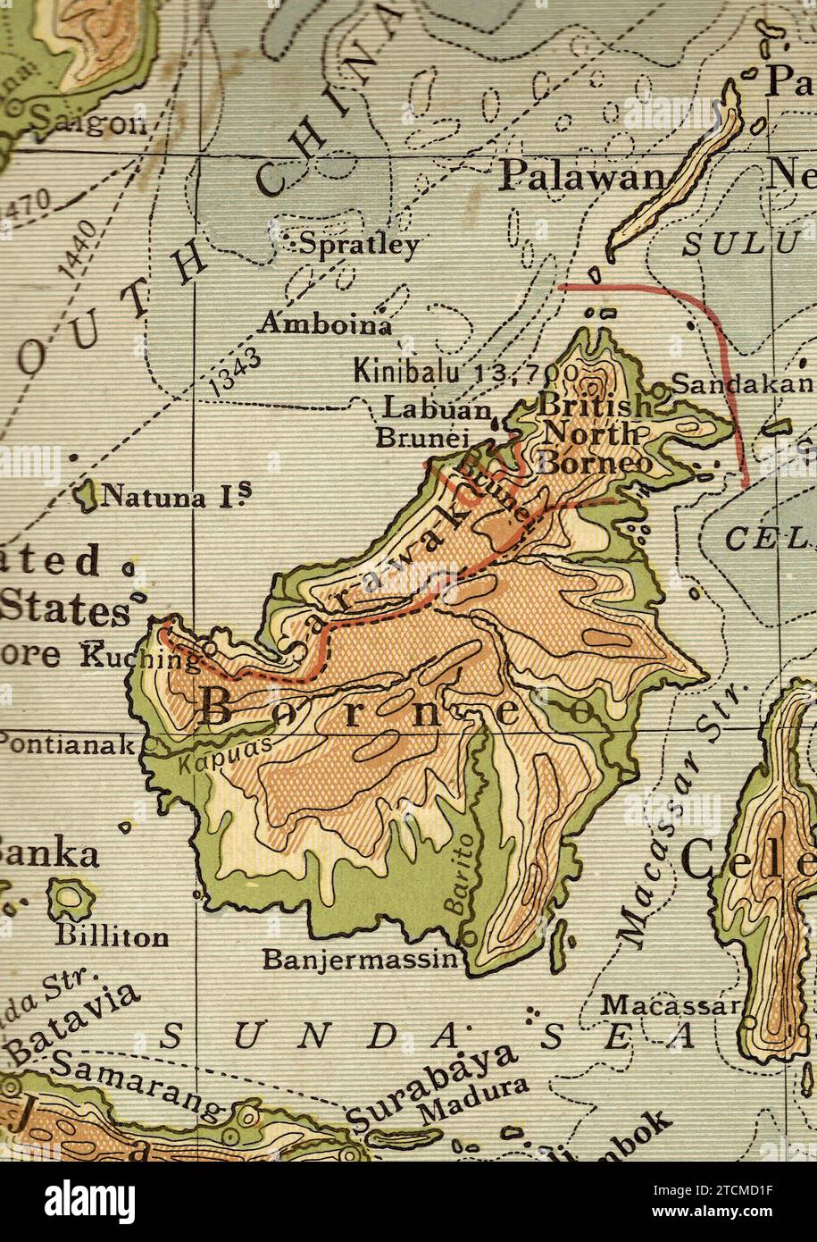 Vintage geographical map in sepia showing Borneo Stock Photo - Alamy