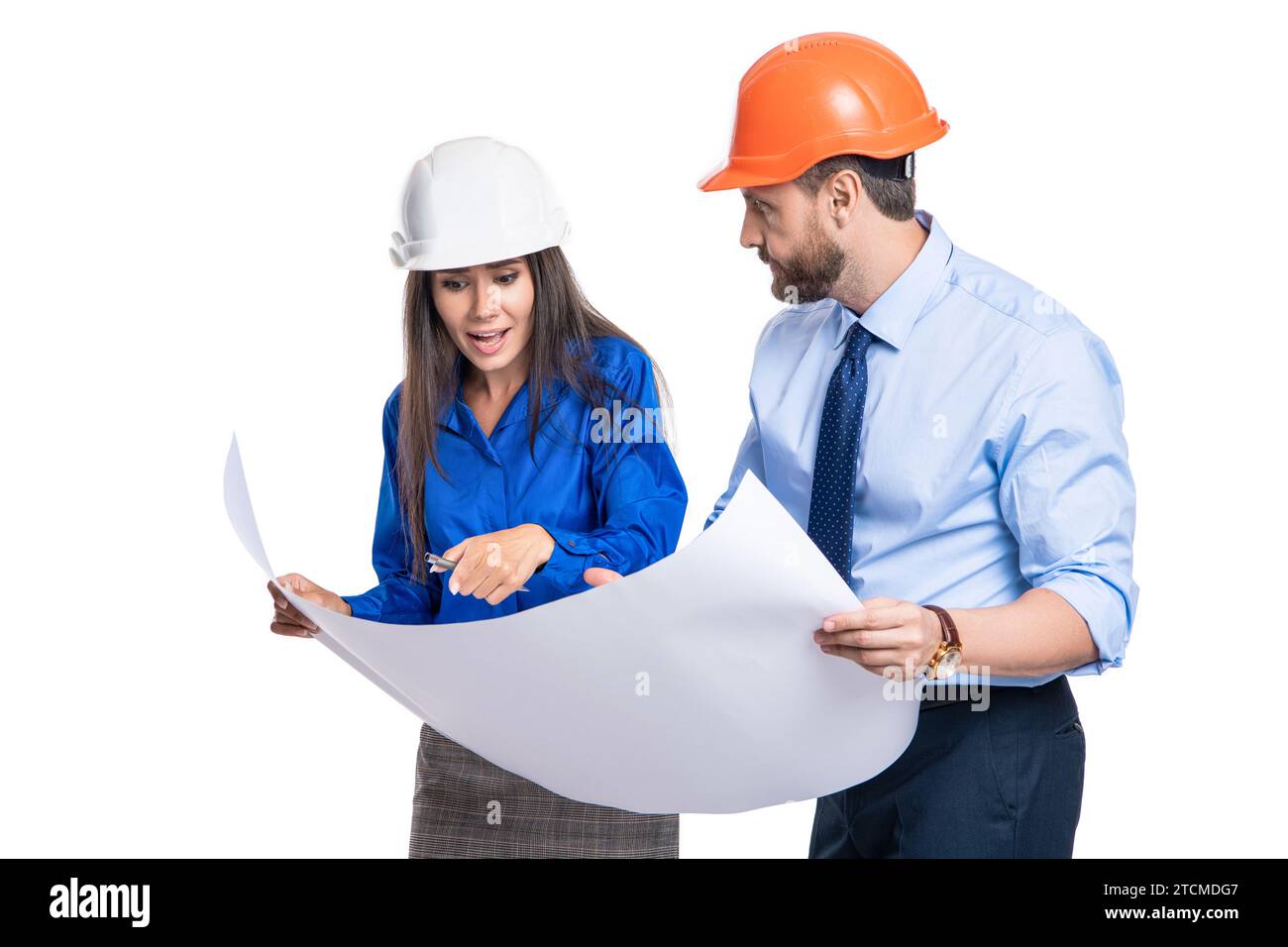 Supervisor engineer with blueprint. Plan construction project ...