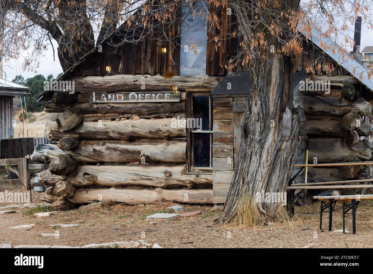 log cabin office with dark window Stock Photo - Alamy