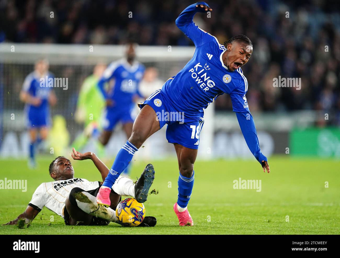 Millwall's Wes Harding (right) tackles Leicester City's Abdul Fatawu ...
