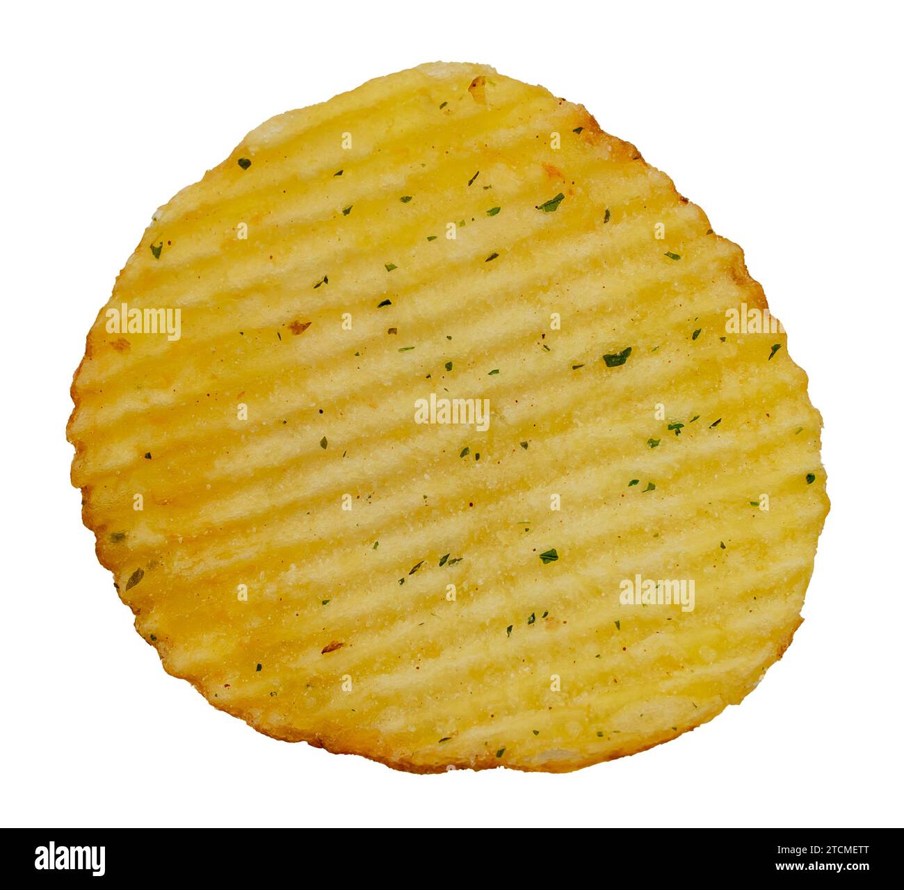 Potato chips on a white background. View from above. One piece of chips ...