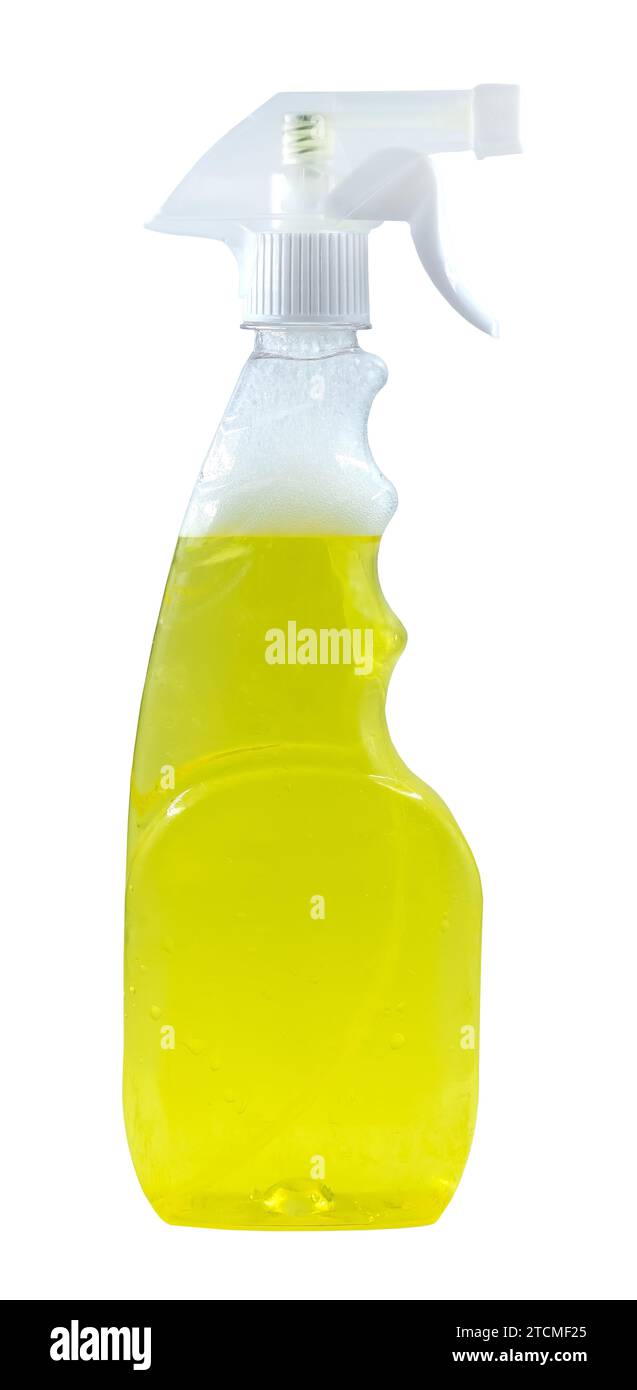 Detergent spray bottle on a white background. Isolate clear plastic ...