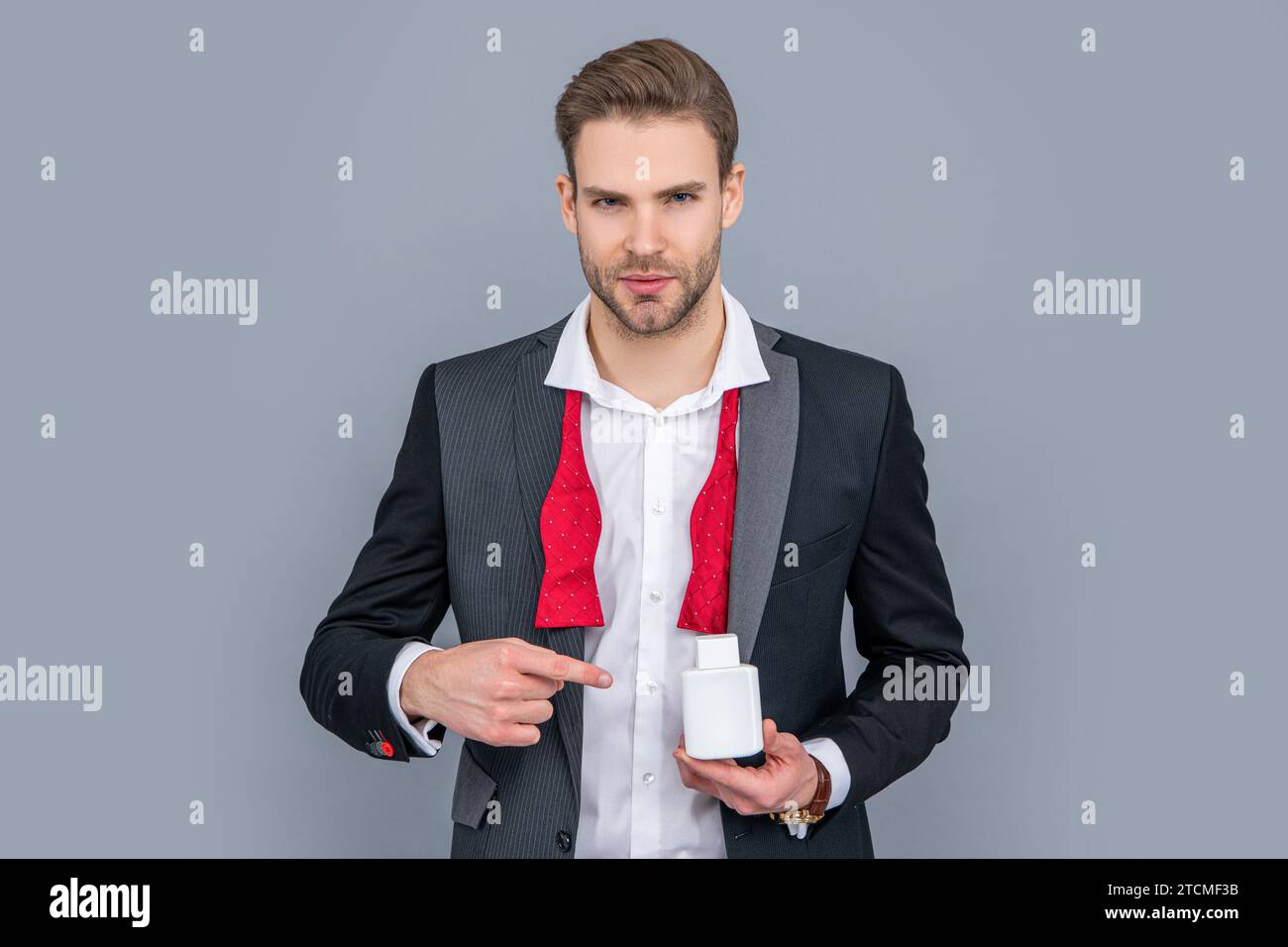 Businessman presenting pill jar. CEO offer painkiller. Businessman ...