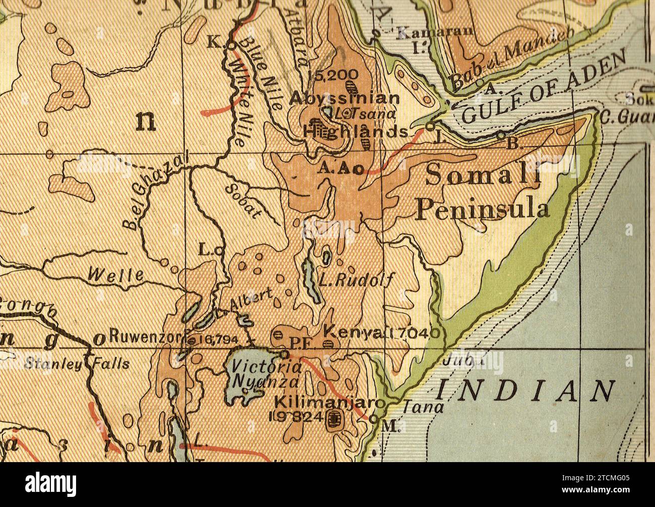 Vintage geographical map in sepia showing the Somali Peninsula, Africa ...