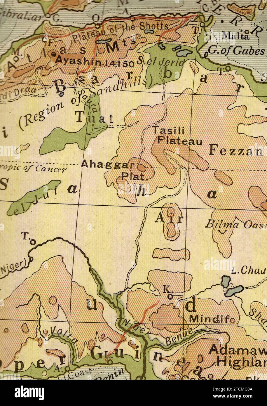 Vintage geographical map in sepia showing the Sahara Desert, Africa ...