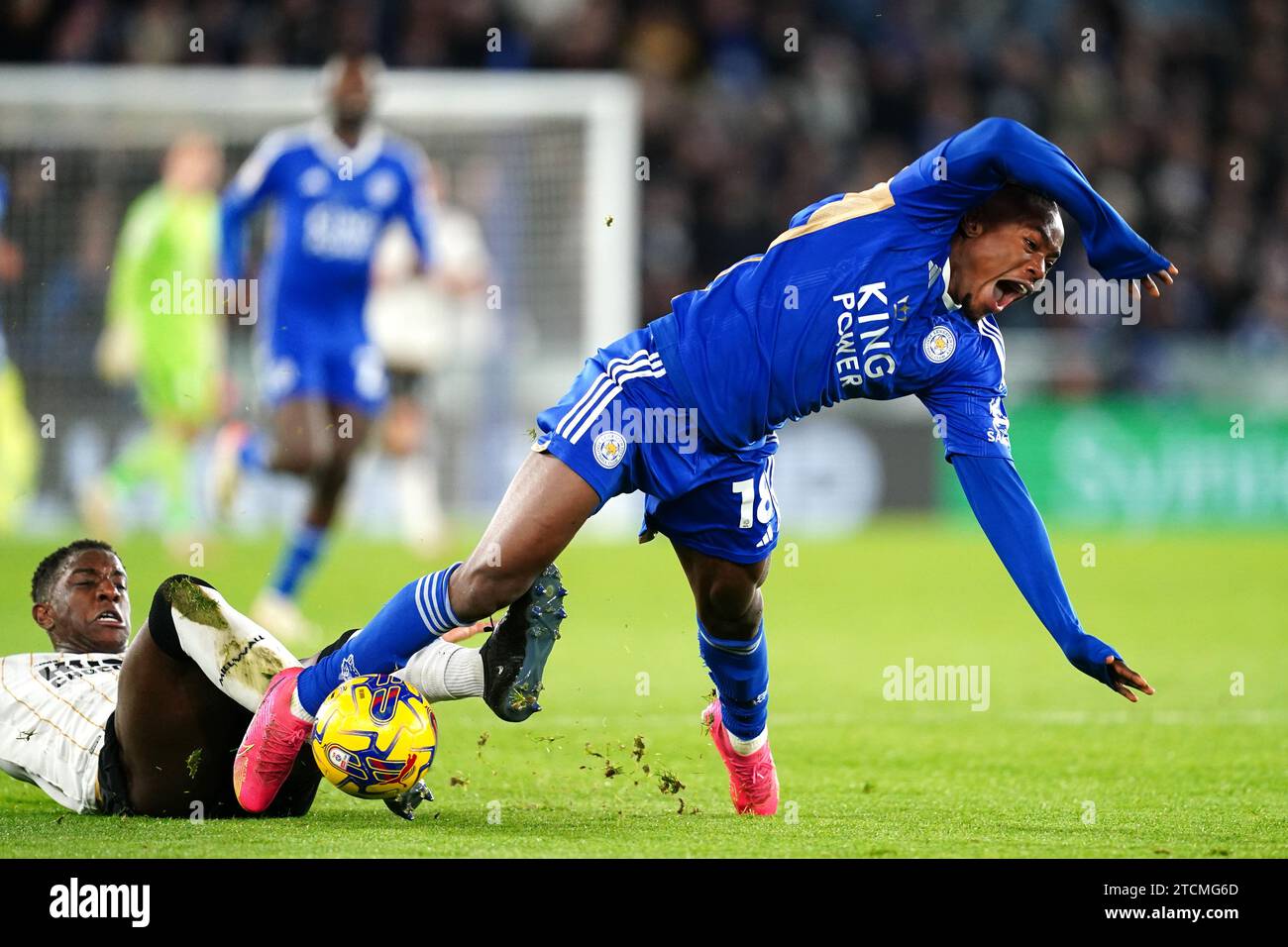Millwall's Wes Harding (right) tackles Leicester City's Abdul Fatawu ...