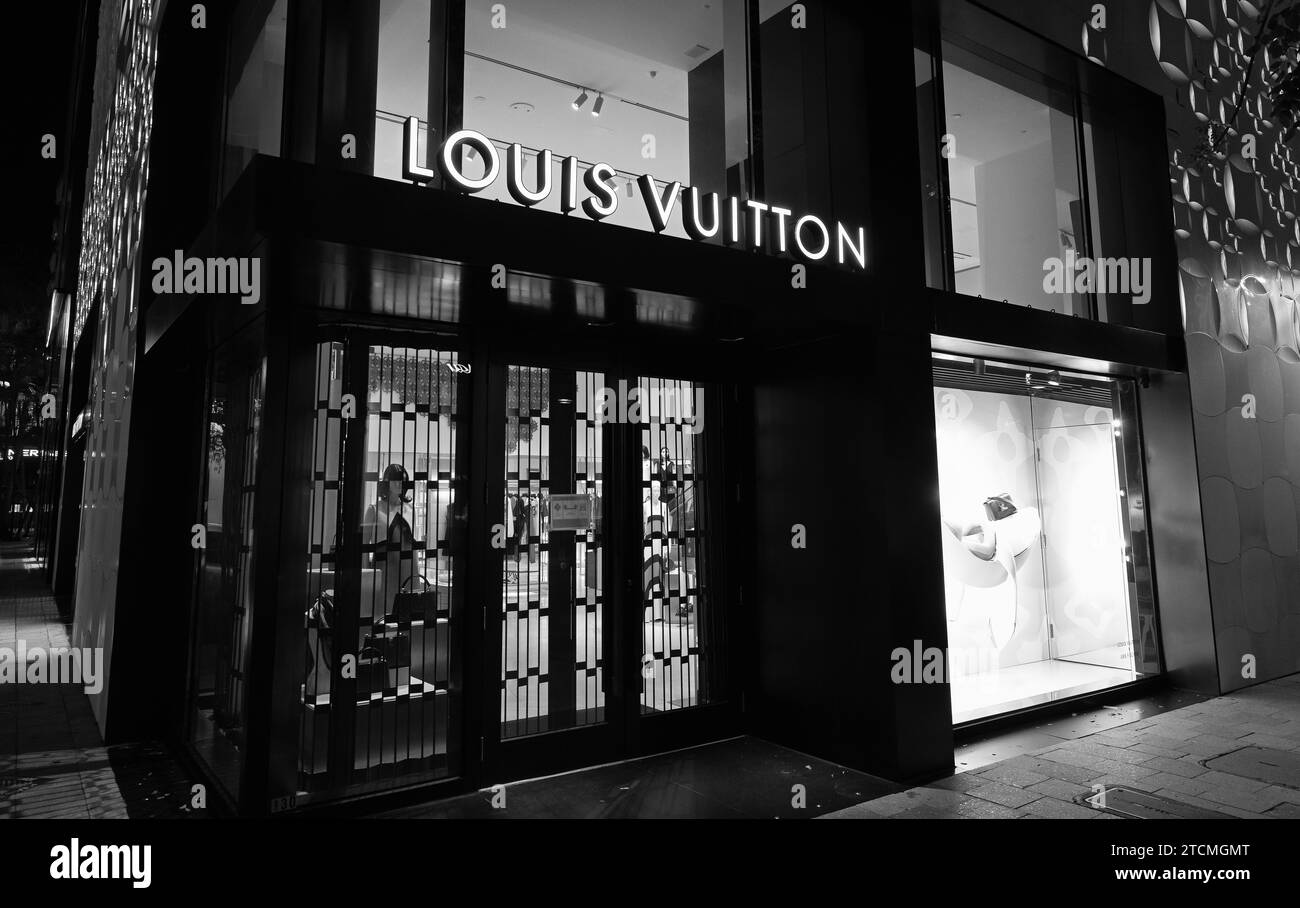 Miami, USA - March 20, 2021: Louis Vuitton name lit up at night in neon ...