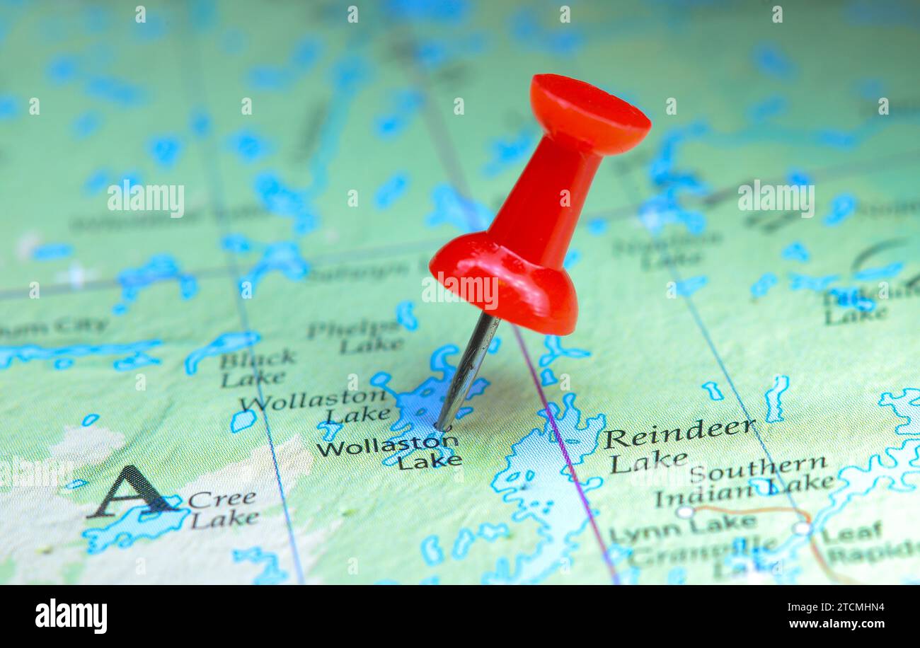 Wollaston Lake, Canada pin on map Stock Photo - Alamy