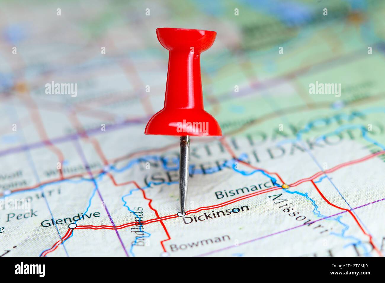 Dickinson, North Dakota pin on map Stock Photo - Alamy