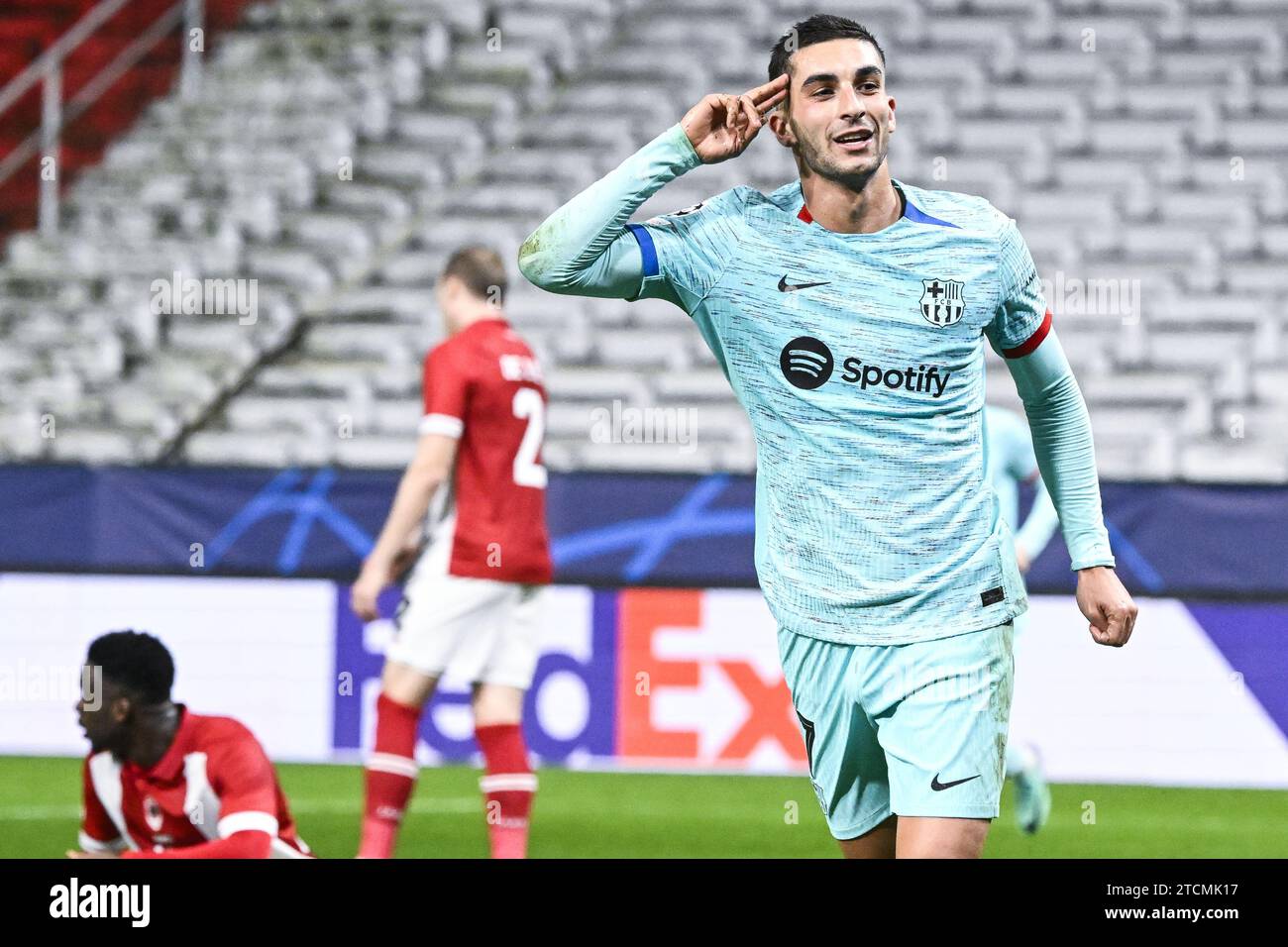 Antwerp, Belgium. 13th Dec, 2023. Barcelona's Ferran Torres celebrates ...
