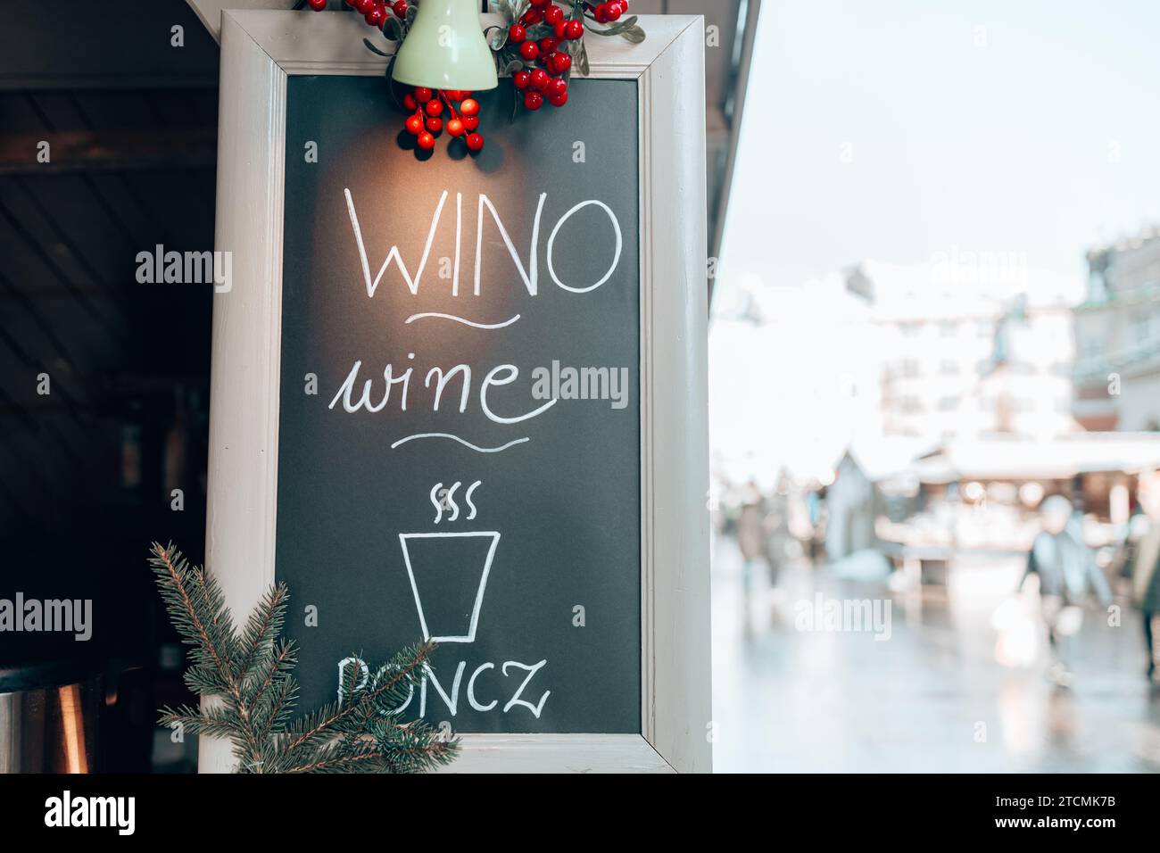 Wine text on blank black signboard, sign board hanging on cafe or shop ...