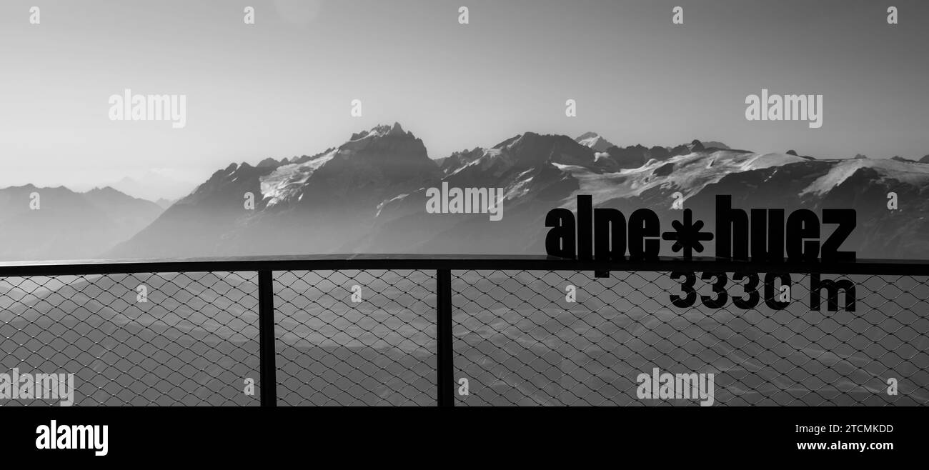 Panorama of Alpine summits in summer under the fog in France in Europe ...