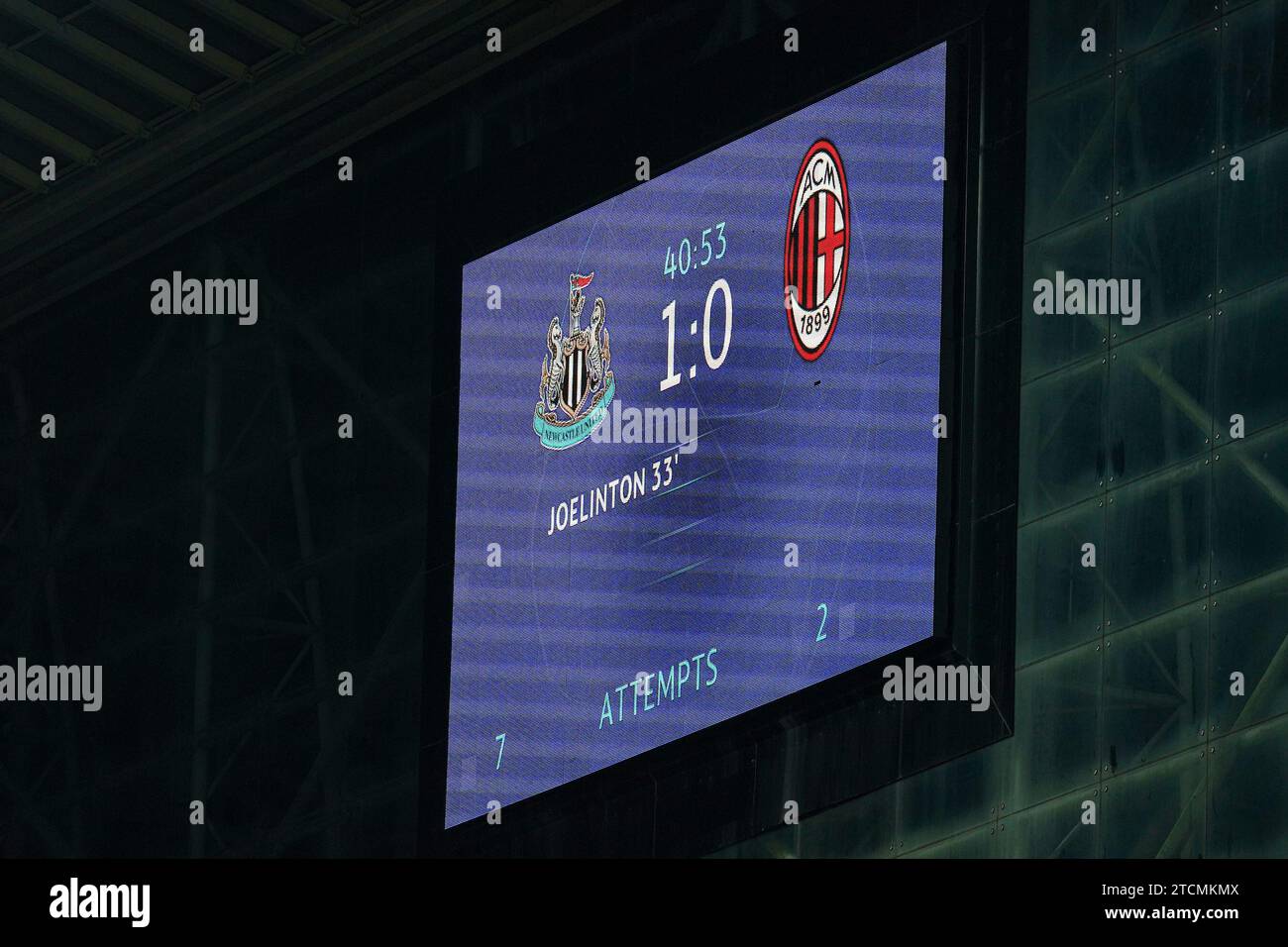 Newcastle, UK. 13th Dec, 2023. Scoreboard 1-0 to Newcastle during the ...