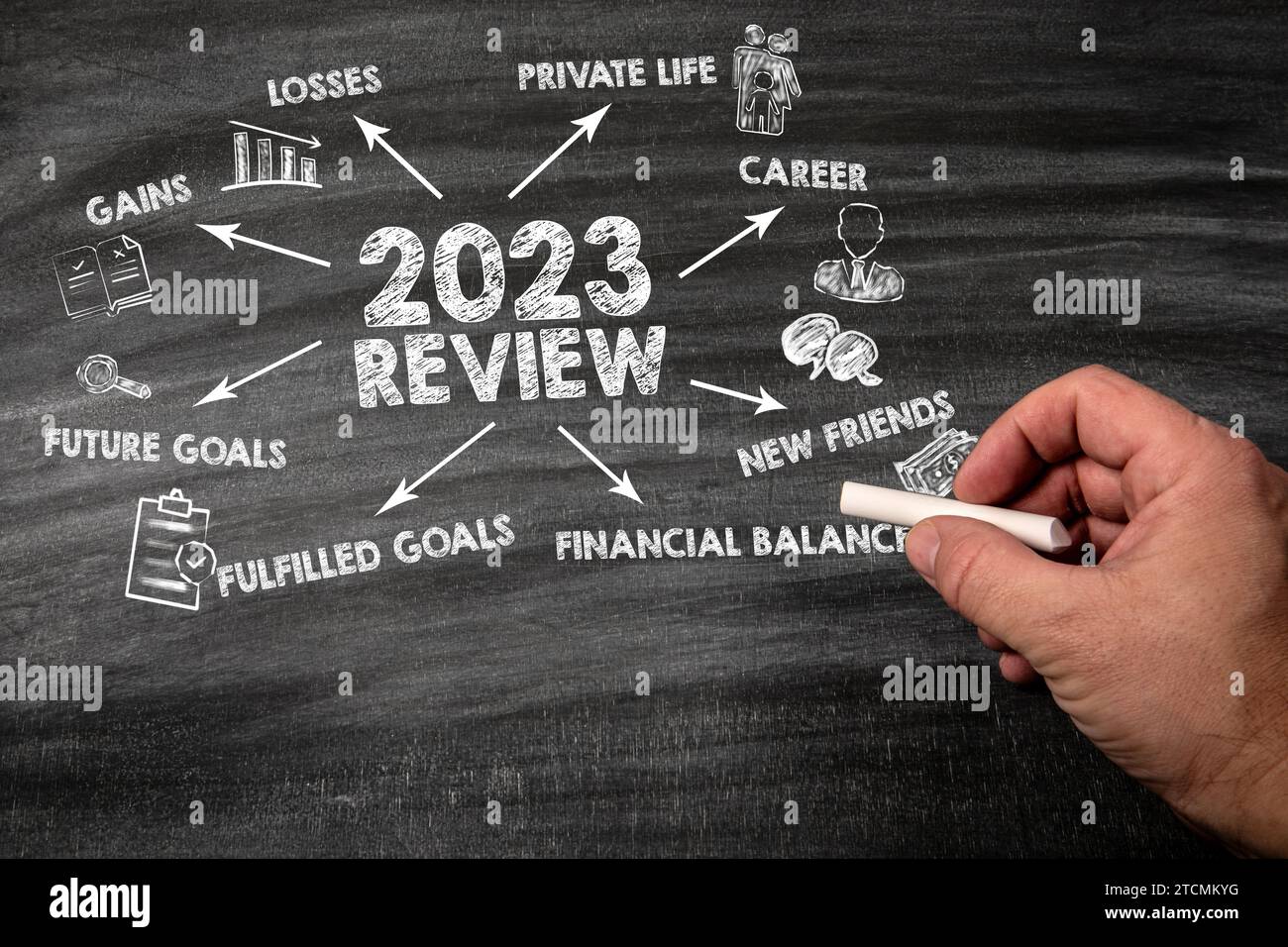 2023 Review concept. Black scratched textured chalkboard background ...