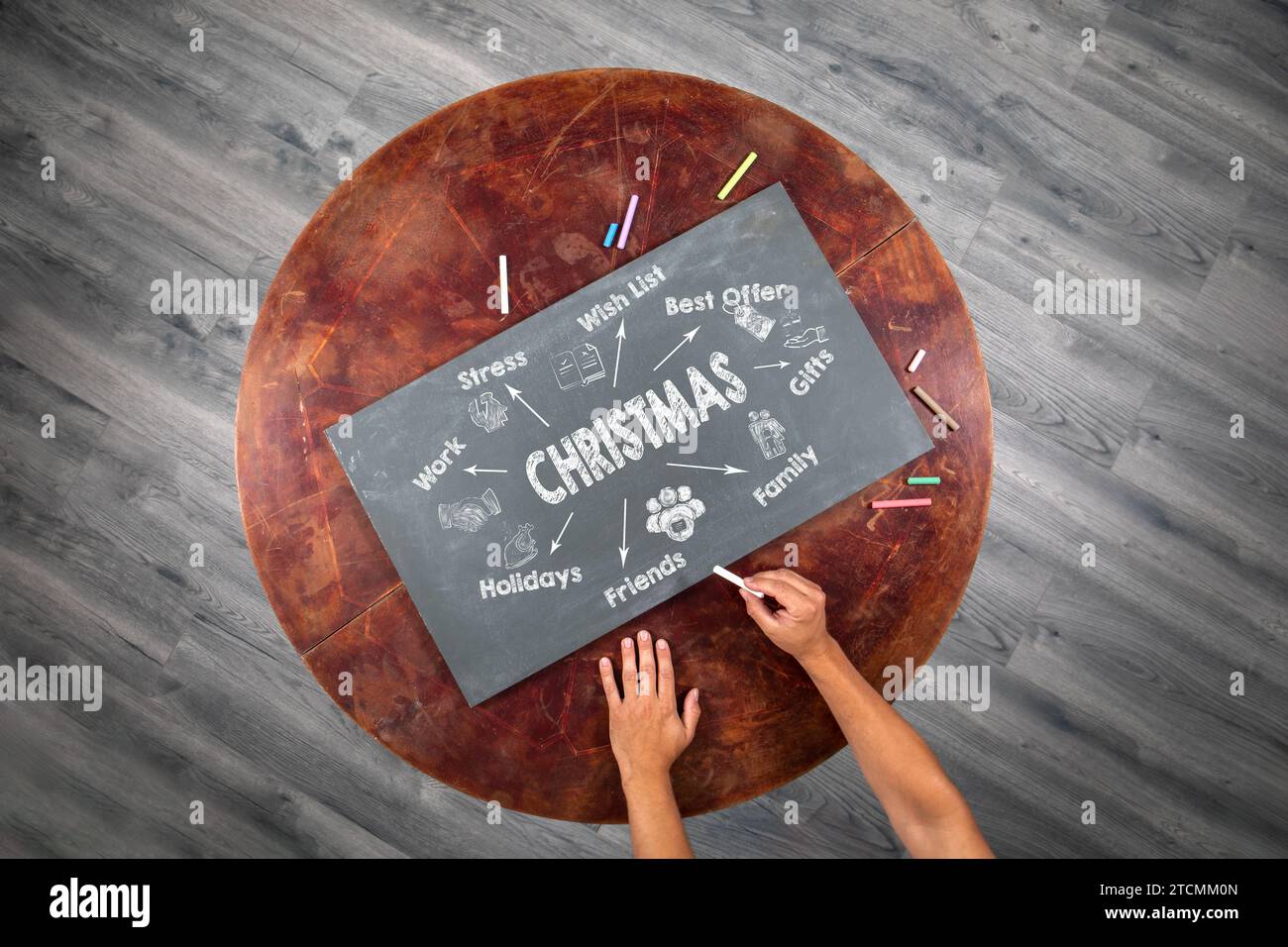 Christmas Concept. Chart with keywords and icons. Round wooden table ...