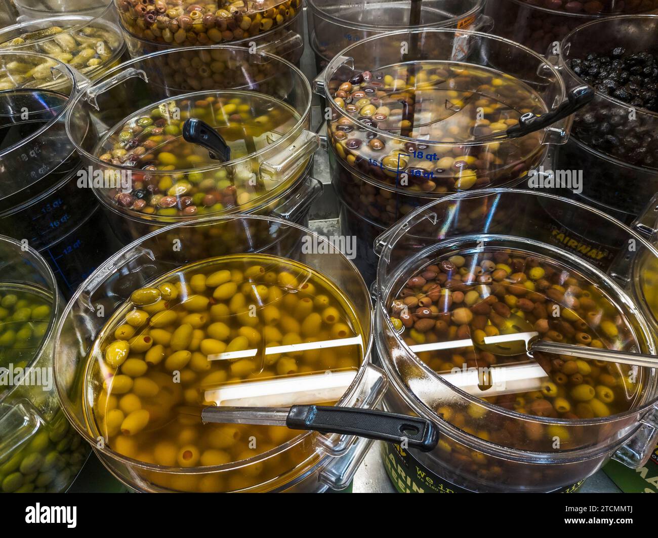Bulk olives in a supermarket in New York on Thursday, December 7, 2023 ...