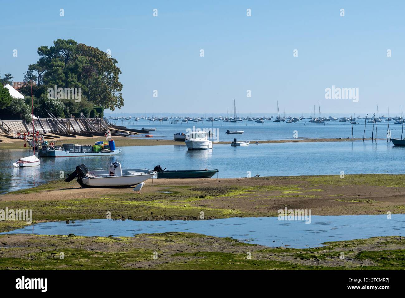 Beach houses in Arcachon Bay with many fisherman's boats and oysters ...